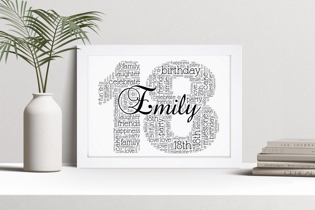 Personalised 18th Word Art Print, Birthday Gift, Custom Wall Art Framed ...