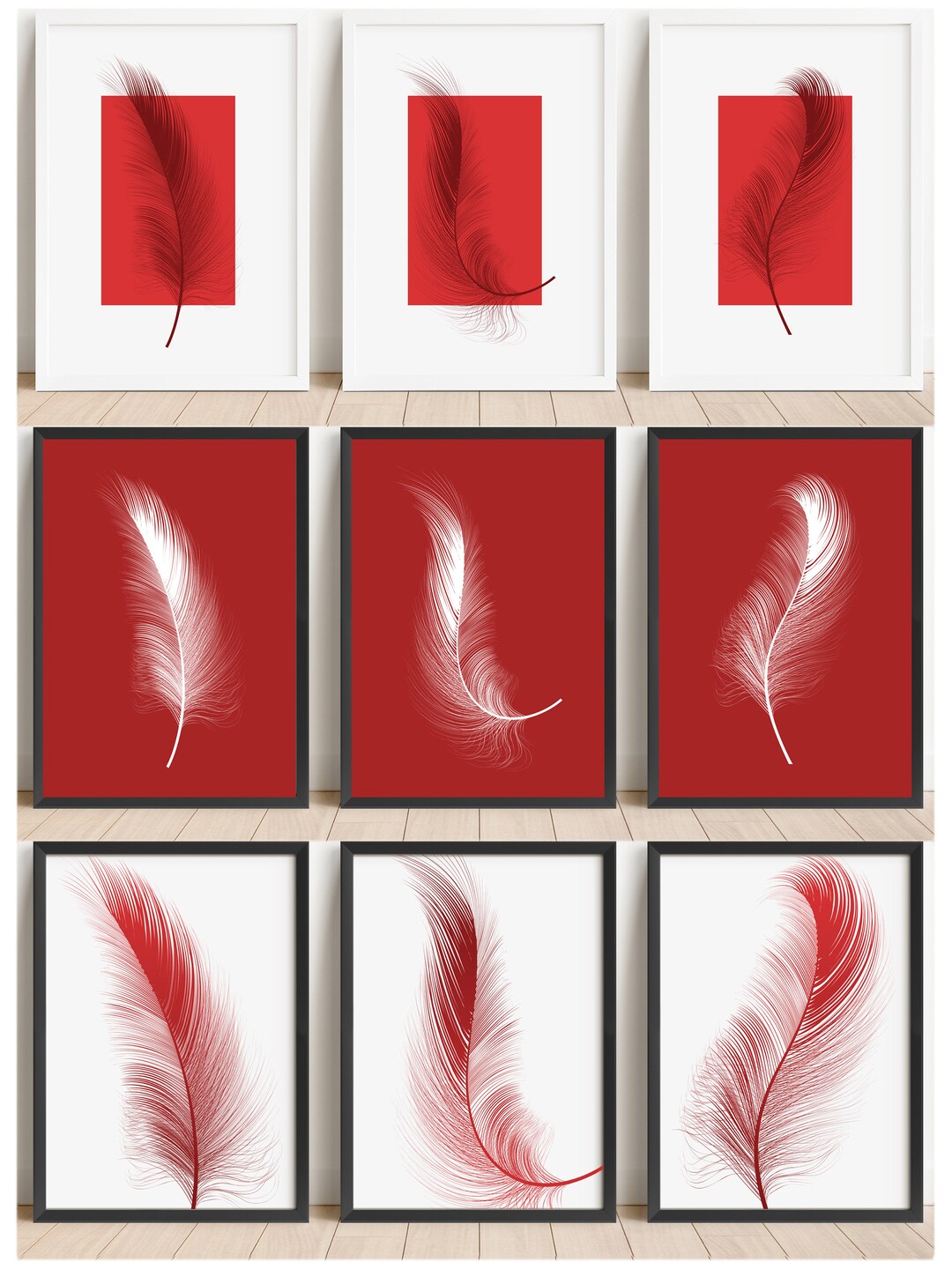 Printable Set of 3 Feather Wall Art Prints, Red Minimalistic Boho ...
