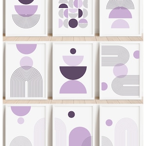 Set of 3 Geometric Shapes Wall Art Prints Modern Mid Century, Purple ...