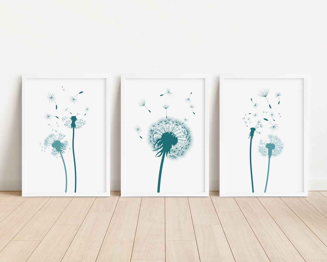 Set of 3 Dandelion Wall Art Prints, Teal Home Decor, Nature Print ...
