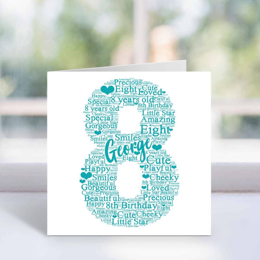 Personalised 8th Birthday Card Custom Word Art Card Age 8 Year Old ...