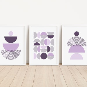 Set of 3 Geometric Shapes Wall Art Prints Modern Mid Century, Purple ...