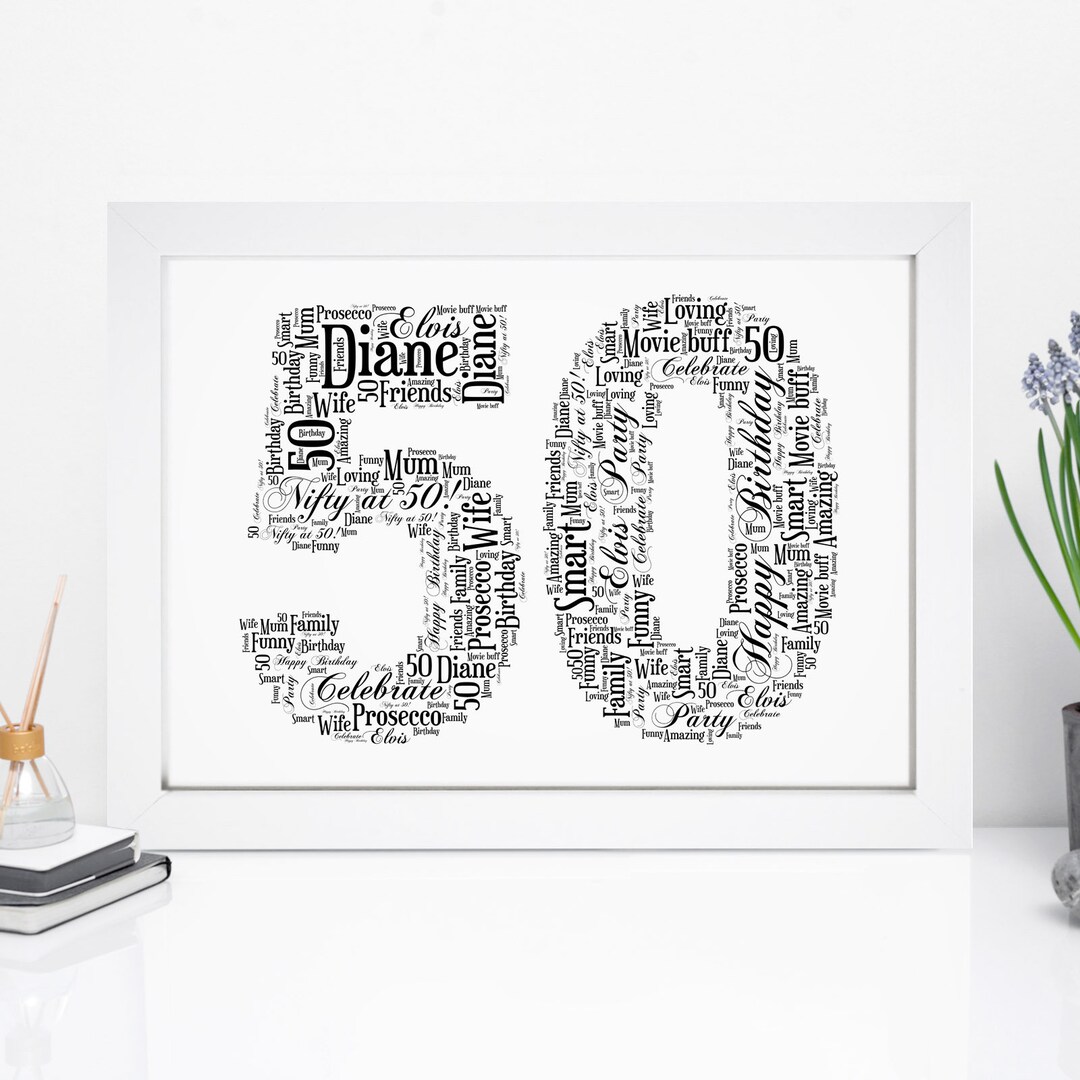 Personalised 50th Word Art Print Birthday Gift Keepsake Frame for Him ...
