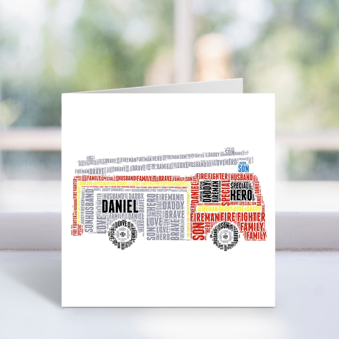 Personalised Fire Engine Card - Custom Word Art Card - Fire Fighter ...