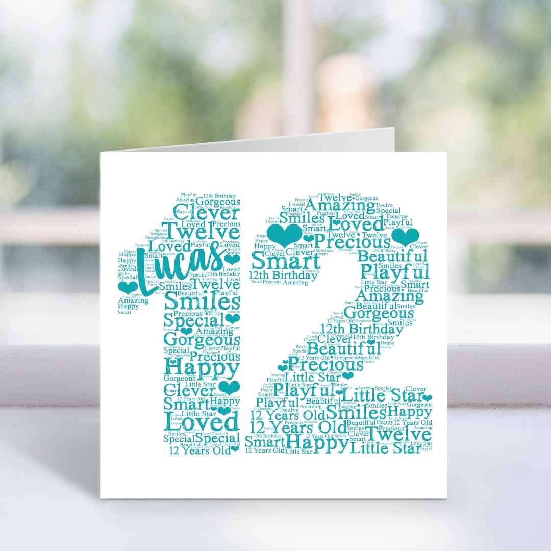 Personalised 12th Birthday Word Art Card - Age 12 Year Old - Childrens ...