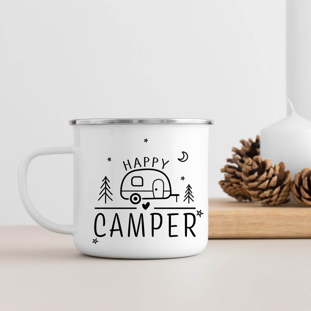Glamping Enamel Mug: Happy Camper Coffee Cup, Retro Campfire Drinkware ...