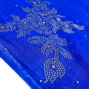 Sparkling Pure Cashmere Royal Blue Scarf With One-of -a-kind Floral ...