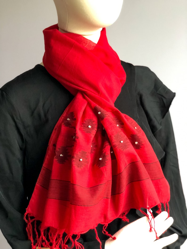 Pure Soft Jamdani Cotton Khadi Scarf With Dazzling Rhinestone Crystals ...