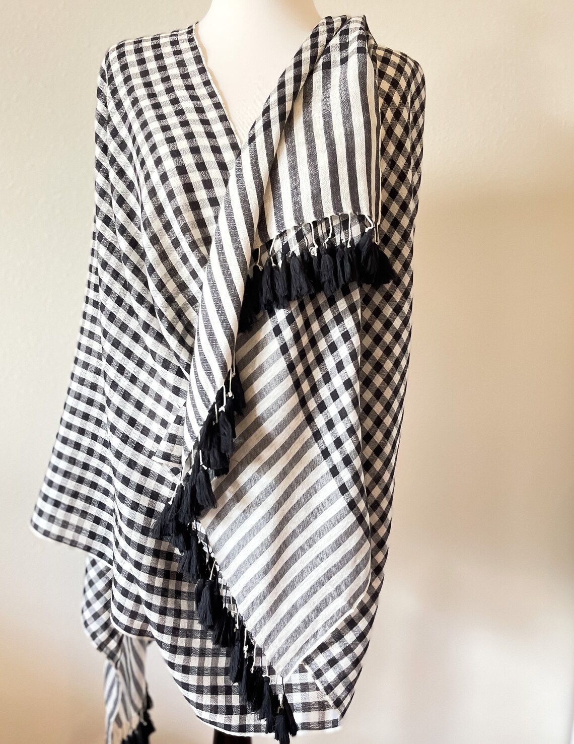Pure Cashmere Wool Blend Black and White Checkered Shawl With - Etsy