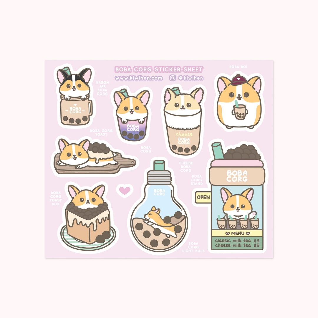 Boba Corg Sticker Sheet, Corgi Sticker Sheet, Corgi Stickers, Boba ...