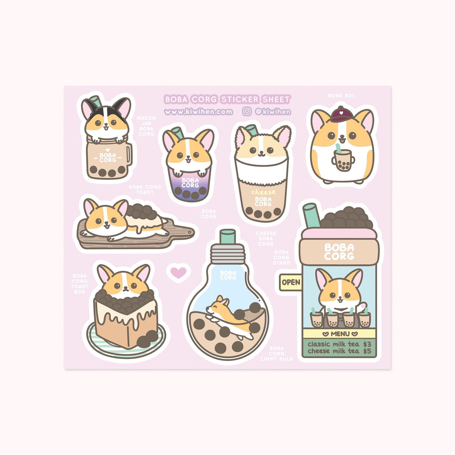 Boba Corg Sticker Sheet Corgi Sticker Sheet Corgi Stickers | Etsy