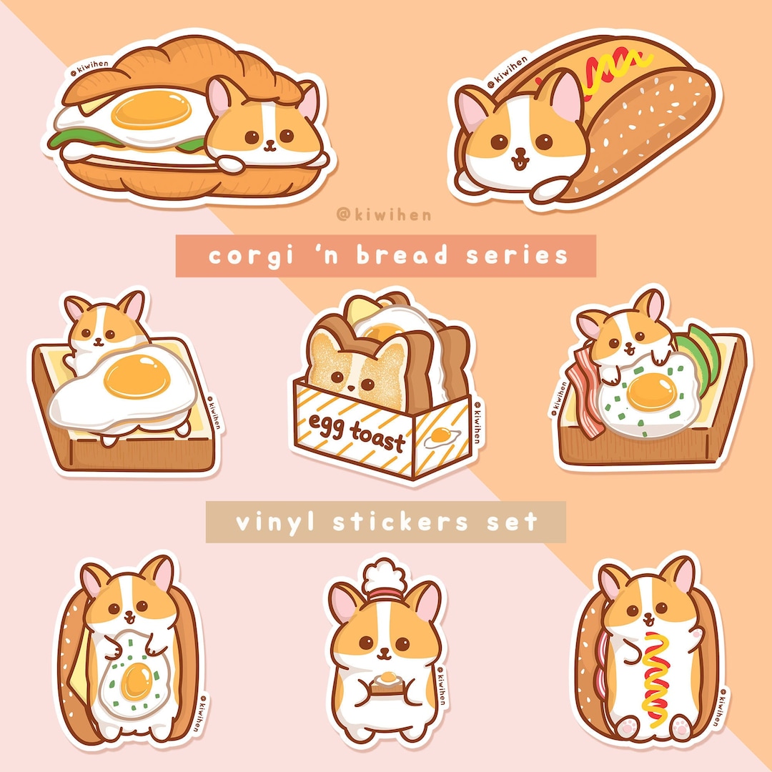 Corgi N Bread Vinyl Stickers Set (set of 8 Stickers), Corgi Stickers ...