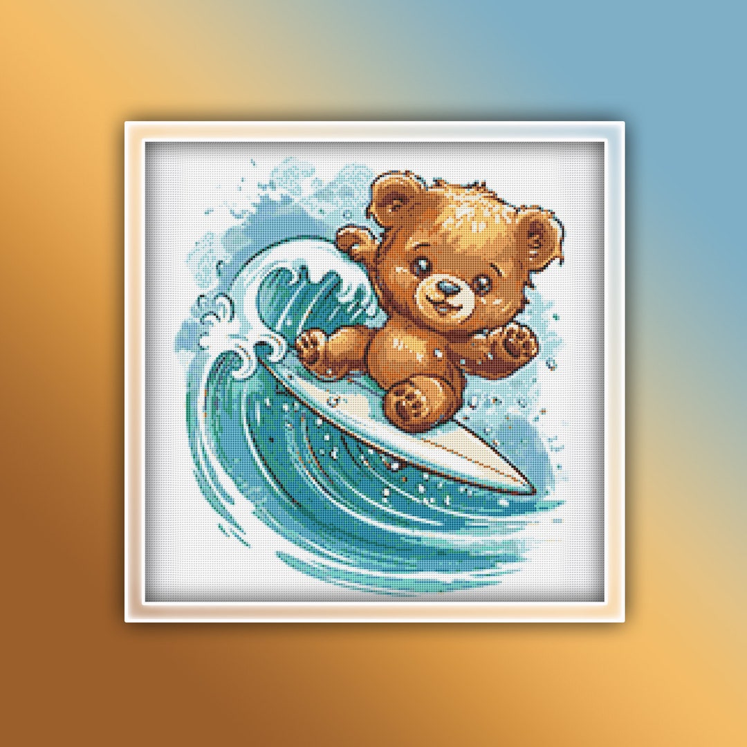 Surfing Teddy Bear Cross Stitch Pattern 2 Instant PDF Download | Catching a Wave Watercolor ...