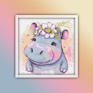 Hippo Cross Stitch Pattern 6 Instant PDF Download - Baby Hippopotamus Watercolor Cross Stitch ...