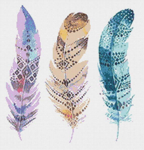 Landscape in feather cross stitch chart Feather cross stitch pattern ...