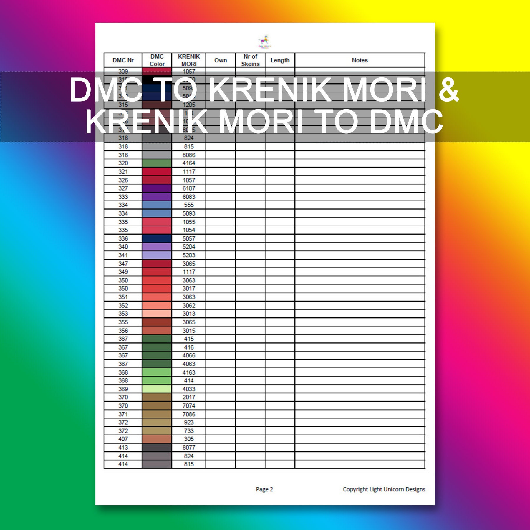 DMC to Krenik MORI Conversion Chart PDF Instant Download | Cross Stitch ...