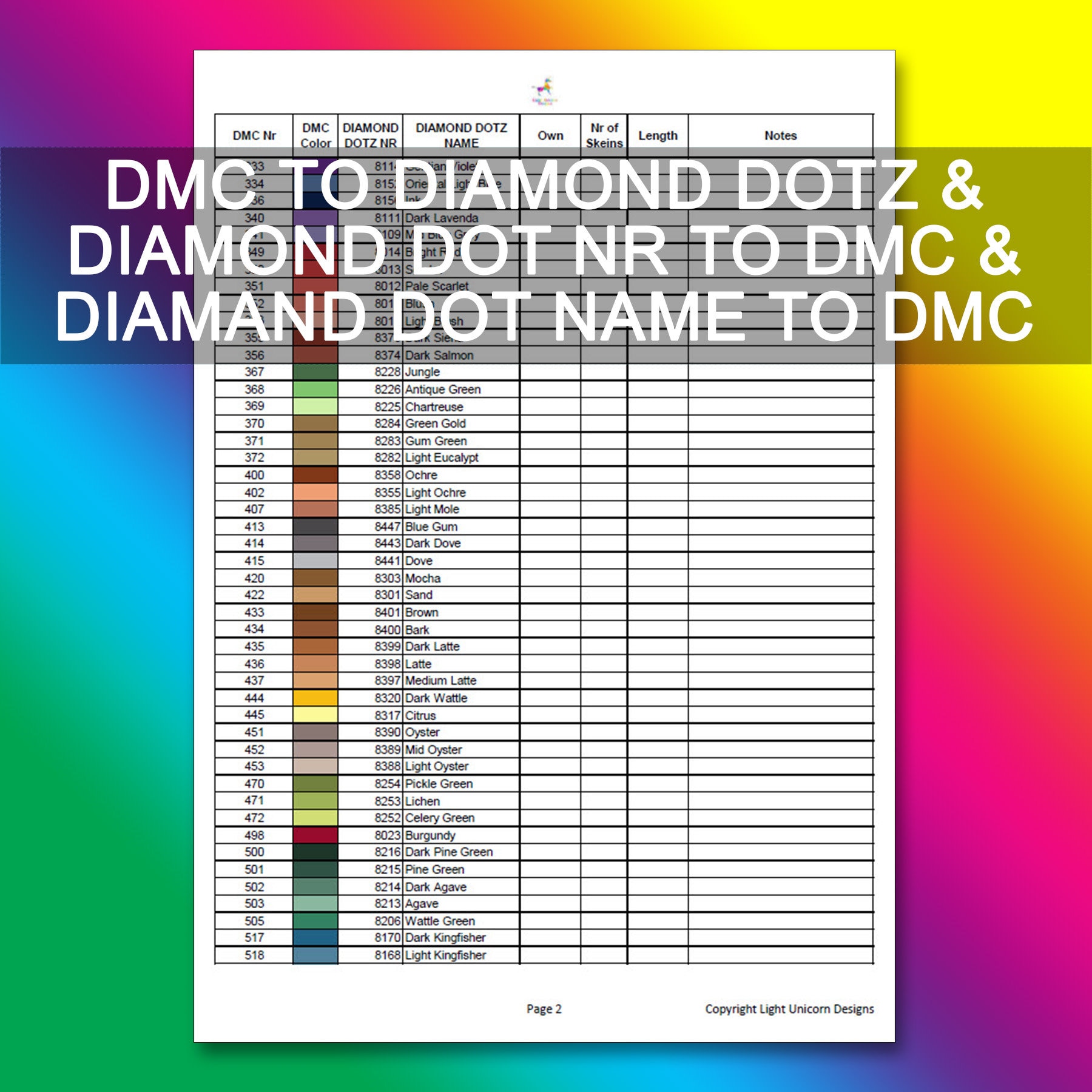 DMC to Diamond Dotz Conversion Chart PDF Instant Download | Cross ...