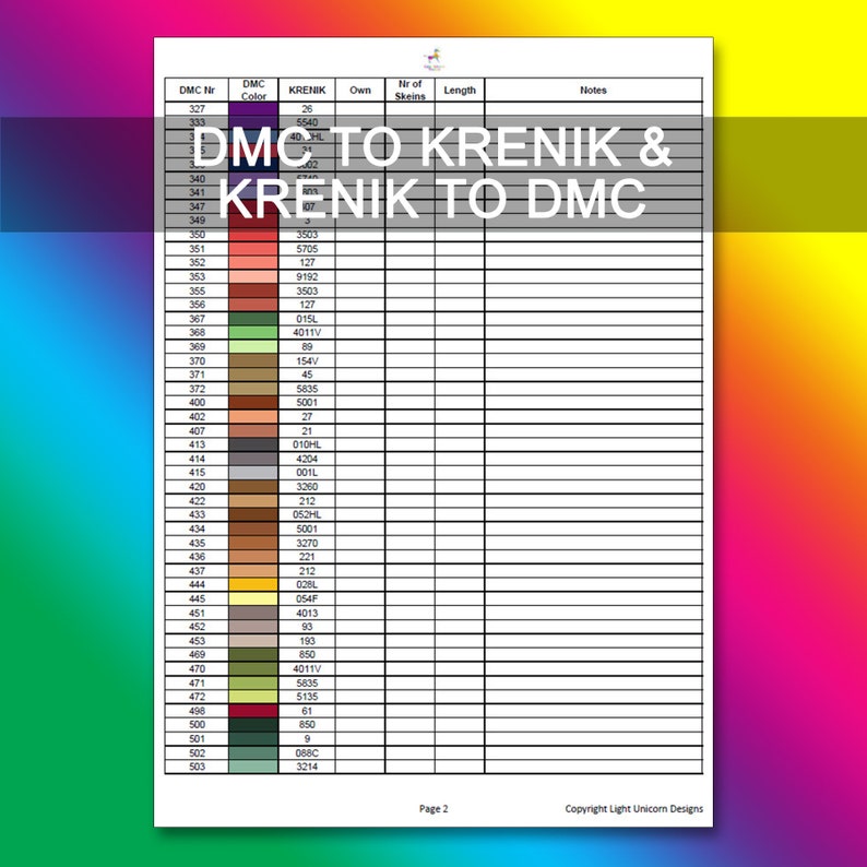 DMC to Krenik Conversion Chart PDF Instant Download | Cross Stitch ...
