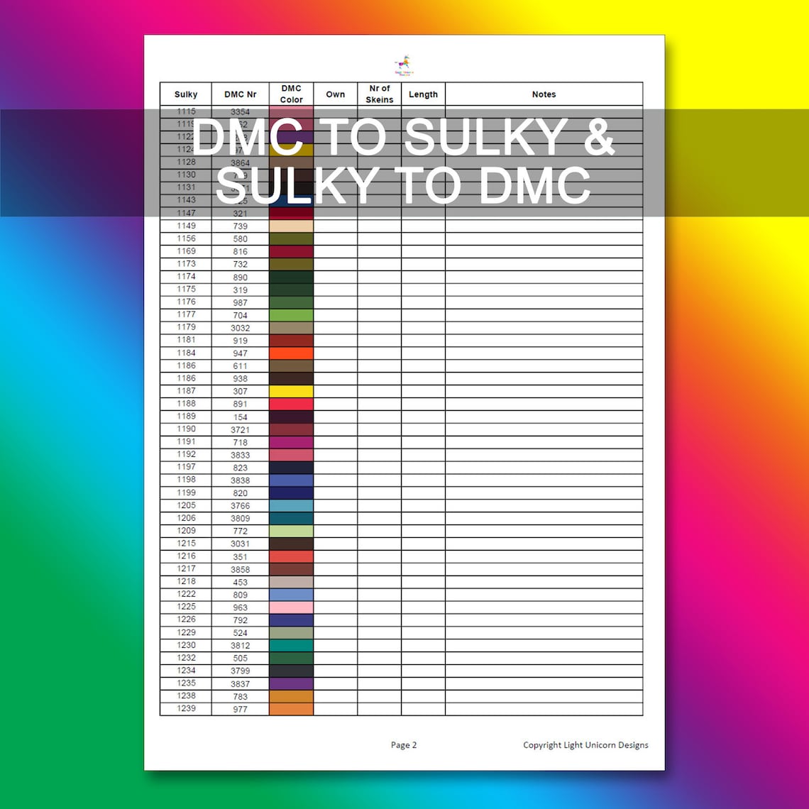 DMC to Sulky Conversion Chart PDF Instant Download | Cross Stitch Chart ...