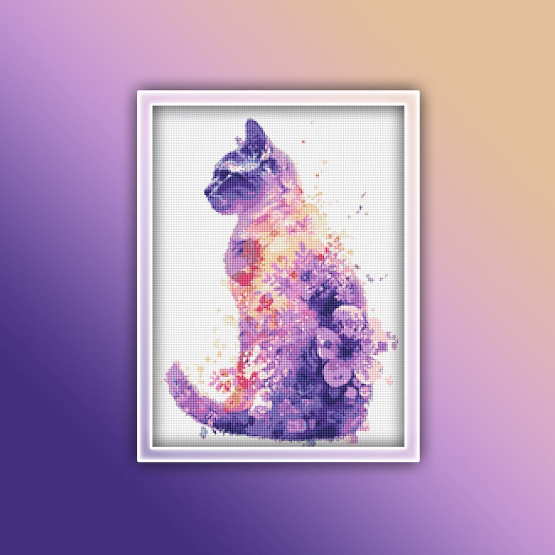 Floral Cat Cross Stitch Pattern 1 Instant PDF Download - Purple Flowers ...