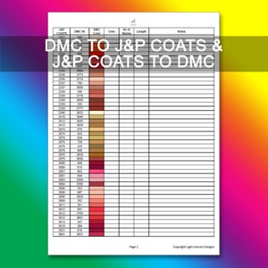 DMC to J&P COATS Conversion Chart PDF Instant Download | Cross Stitch ...