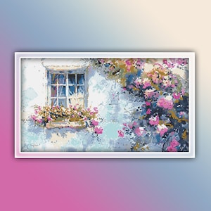 Window Cross Stitch Pattern Instant PDF Download - Flowers on the ...
