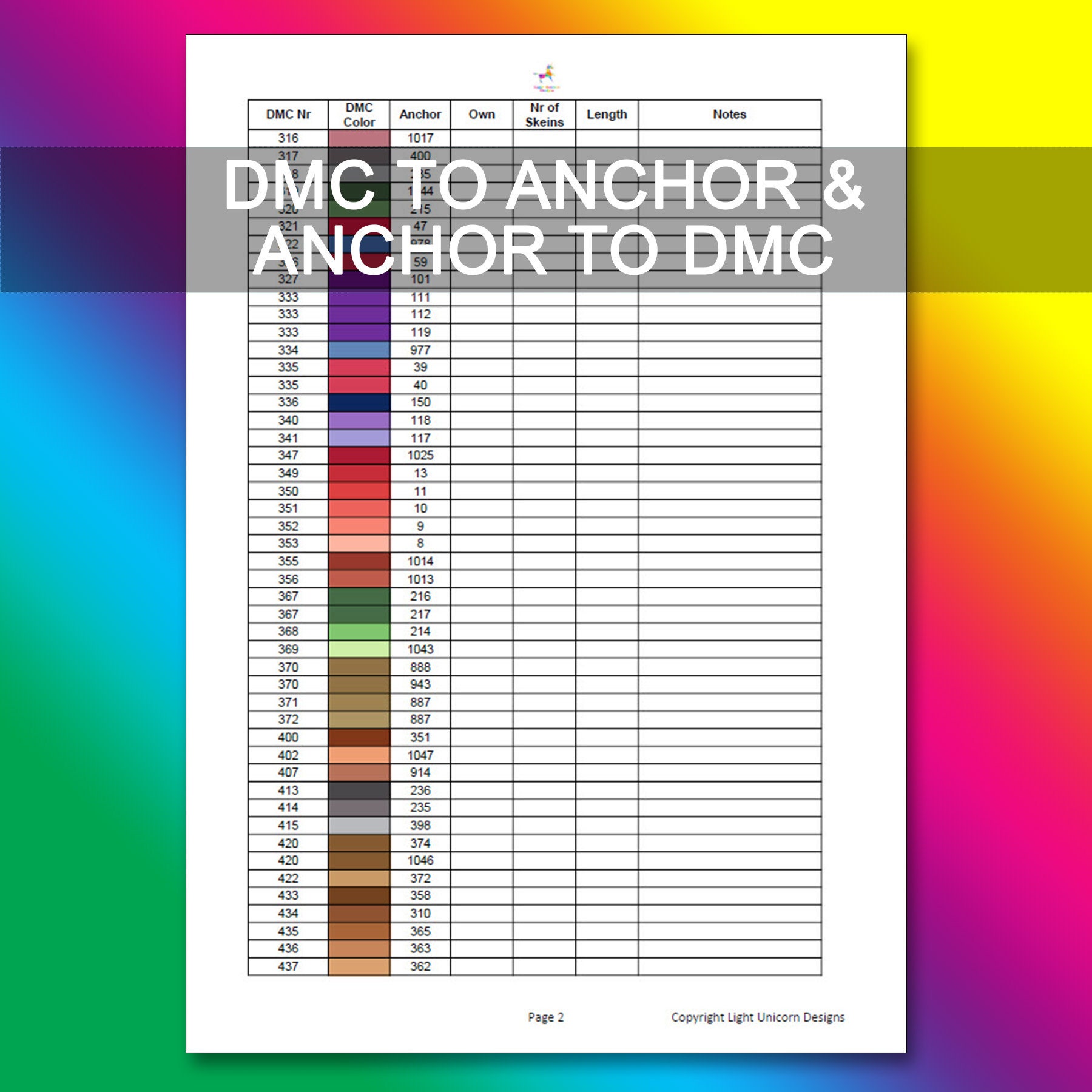 DMC to Anchor Conversion Chart PDF Instant Download | Cross Stitch ...