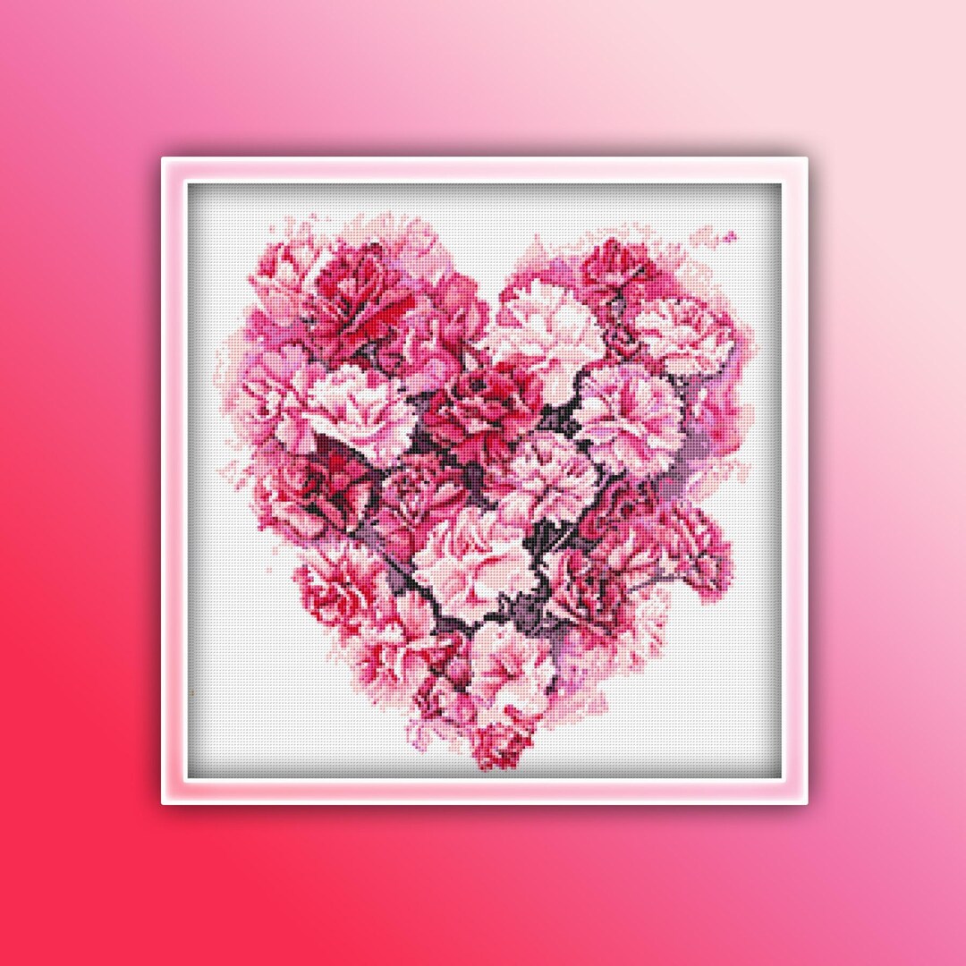 Carnations Heart Cross Stitch Pattern 1 Instant PDF Download - Pink ...