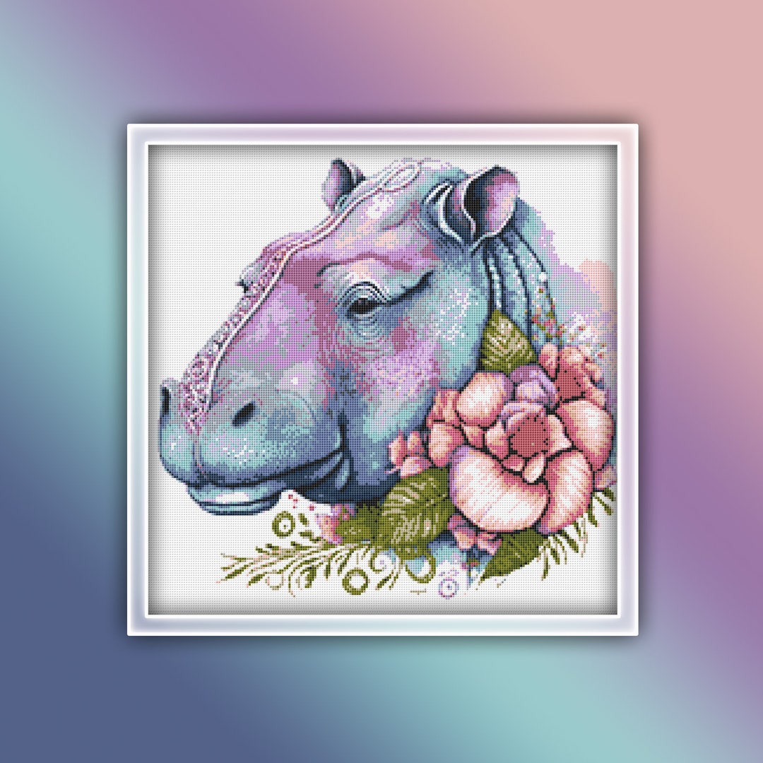 Hippo Cross Stitch Pattern 8 Instant PDF Download - Hippopotamus Watercolor Cross Stitch Pattern ...