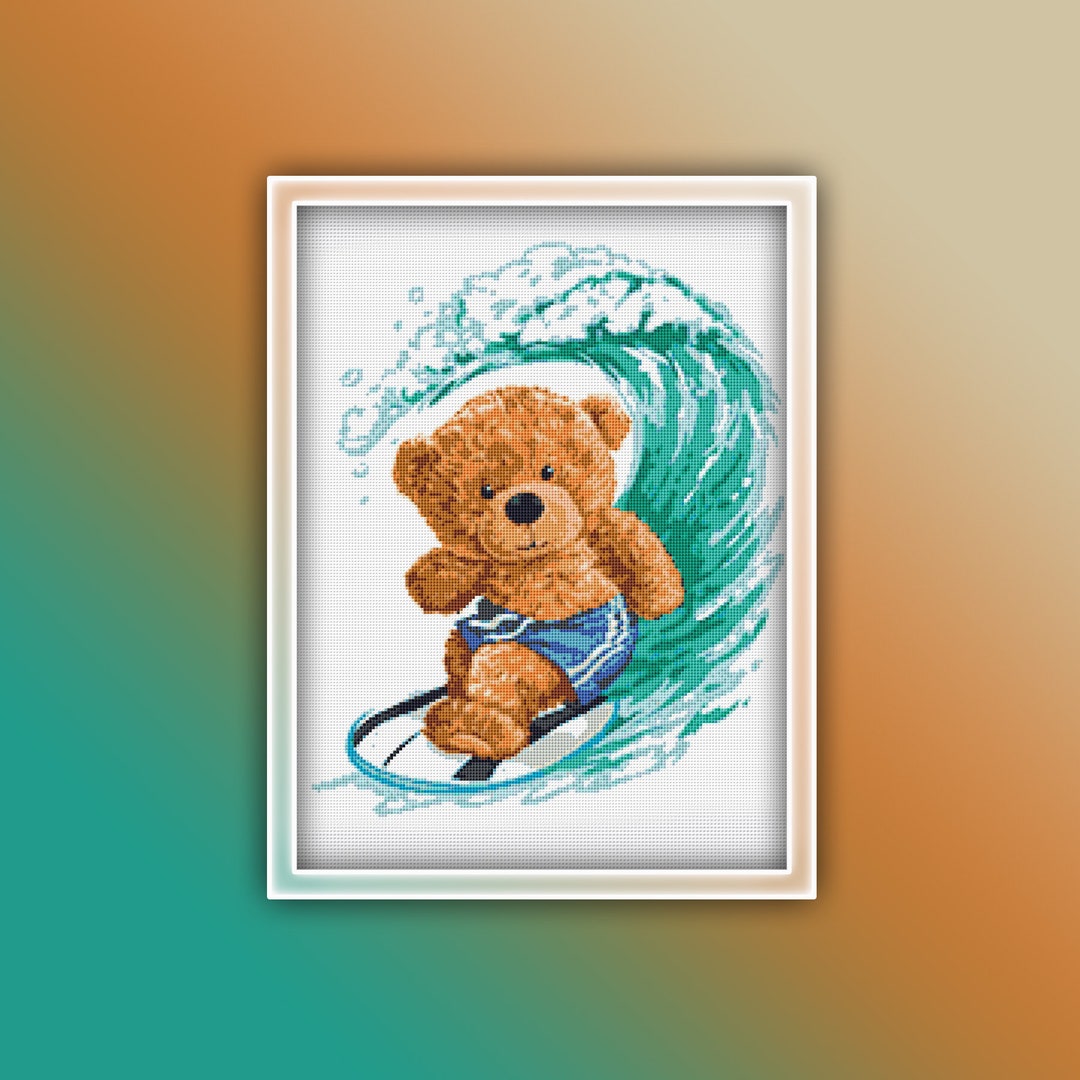 Surfing Teddy Bear Cross Stitch Pattern Instant PDF Download | Catching ...