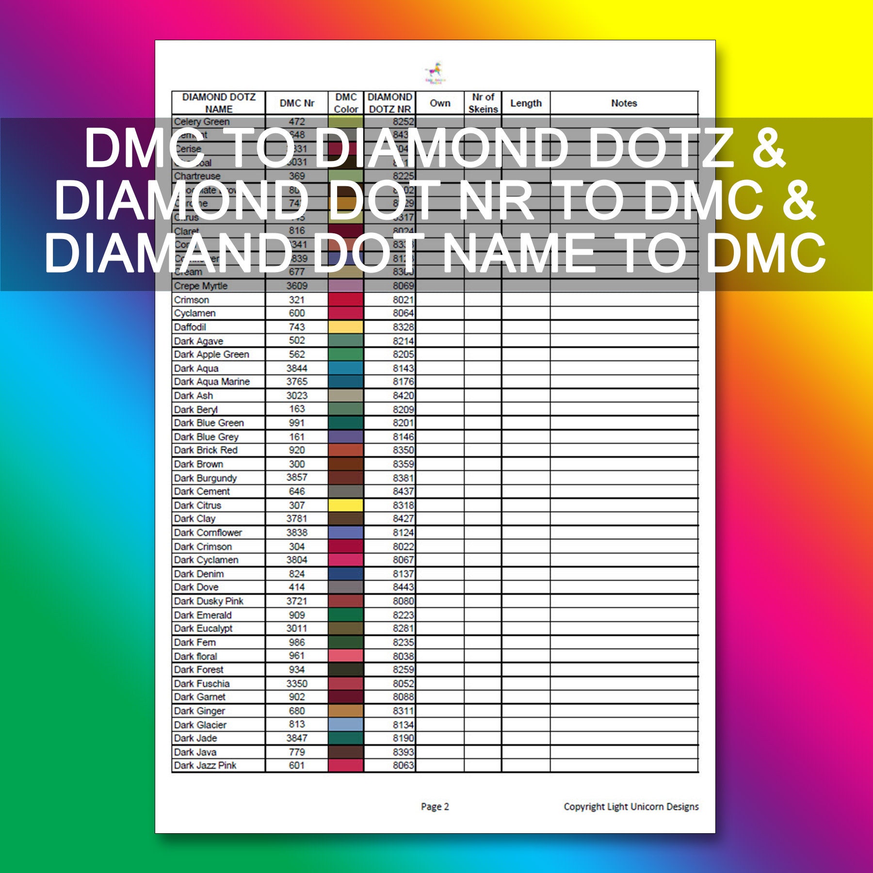 DMC to Diamond Dotz Conversion Chart PDF Instant Download | Cross ...
