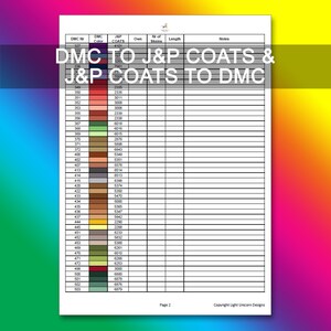 DMC to J&P COATS Conversion Chart PDF Instant Download | Cross Stitch ...