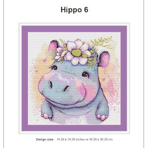 Hippo Cross Stitch Pattern 6 Instant PDF Download - Baby Hippopotamus Watercolor Cross Stitch ...