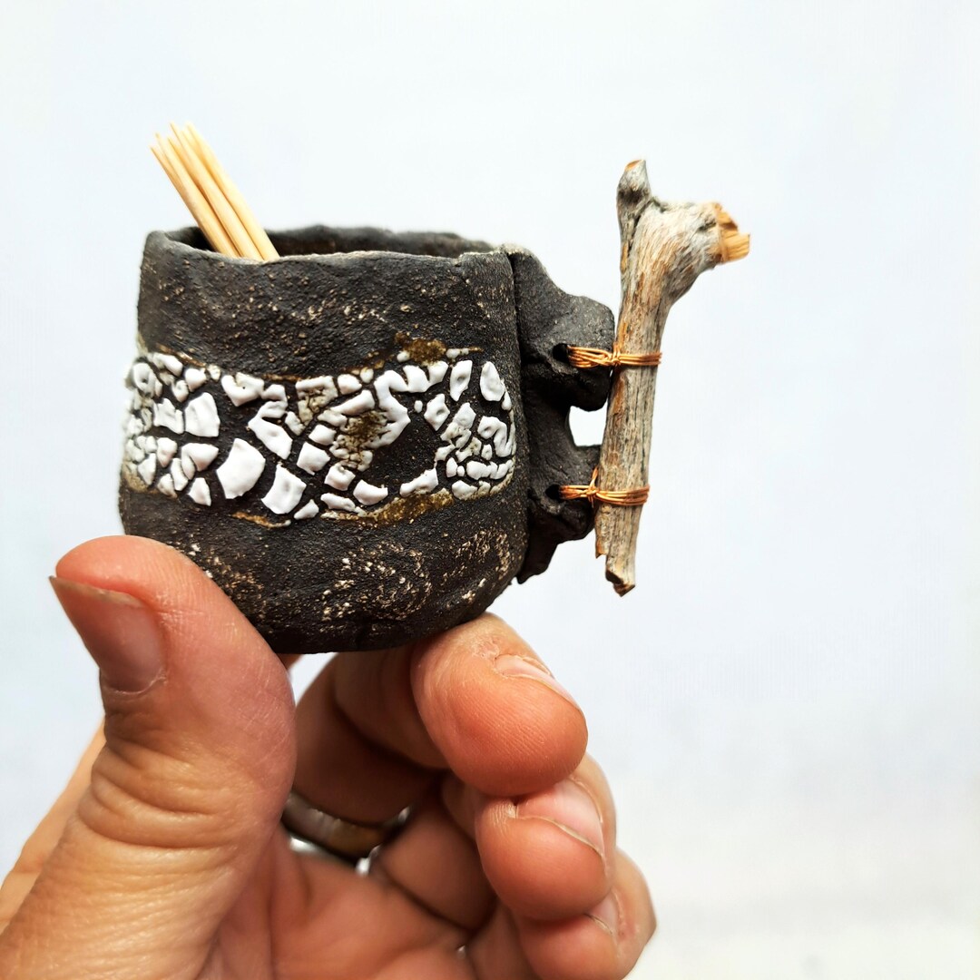 Ethnic Ceramic Toothpick Holder With Natural Branch Handle, Tribal Gift ...