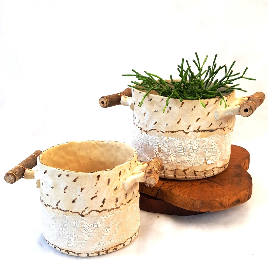 Primitive Ceramic Planter With Natural Branch Handles, Earthy Tribal ...