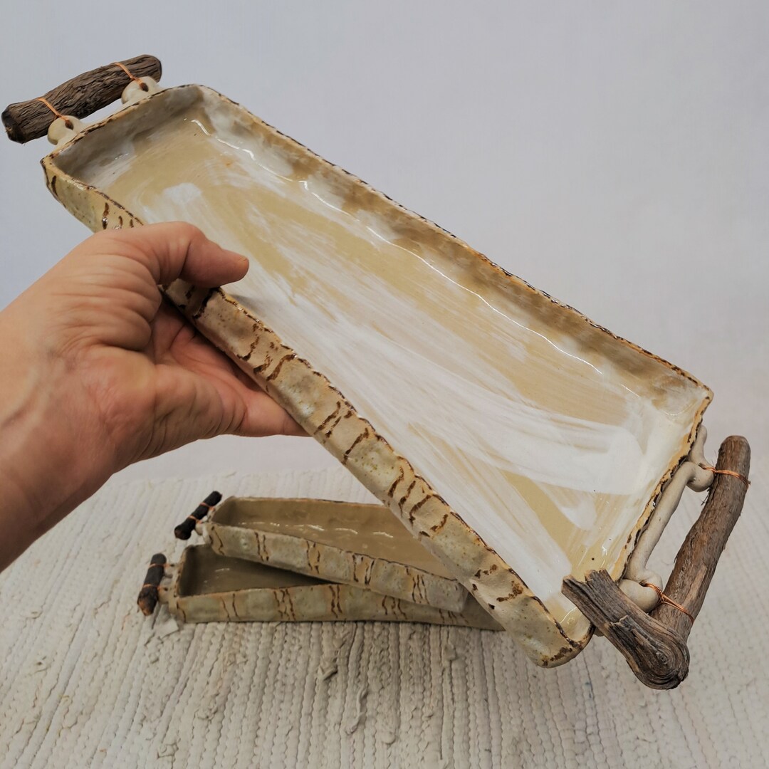 Eclectic Ceramic Serving Trays With Natural Handles, Rustic and Earthy ...