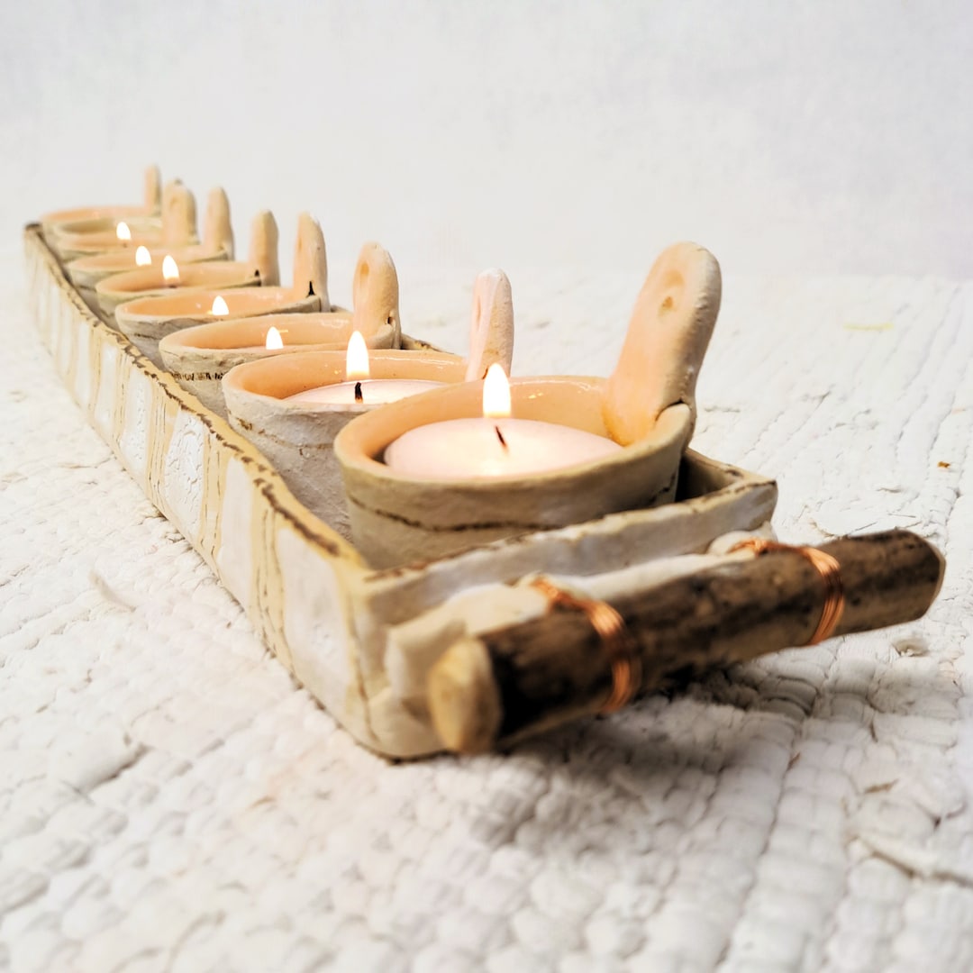 Tribal Ceramic Hanukkah Menorah With Natural Wood Handles, Handmade ...