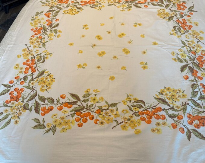 Very Fall Autumn Vintage Tablecloth Cherries Flowers Leaves Cottage ...