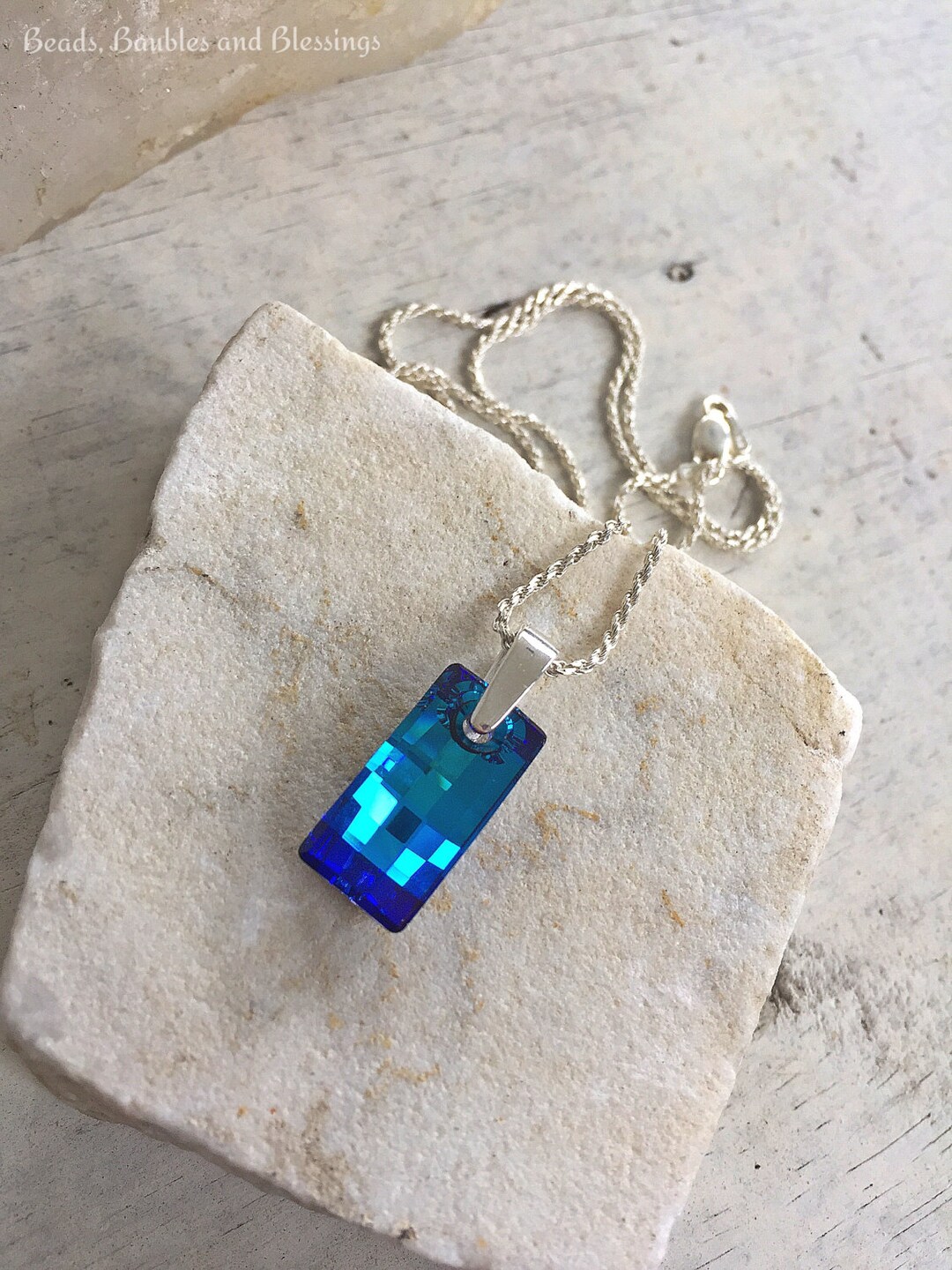 Swarovski Bermuda Blue Crystal Necklace: Sterling Silver Pendant - Etsy