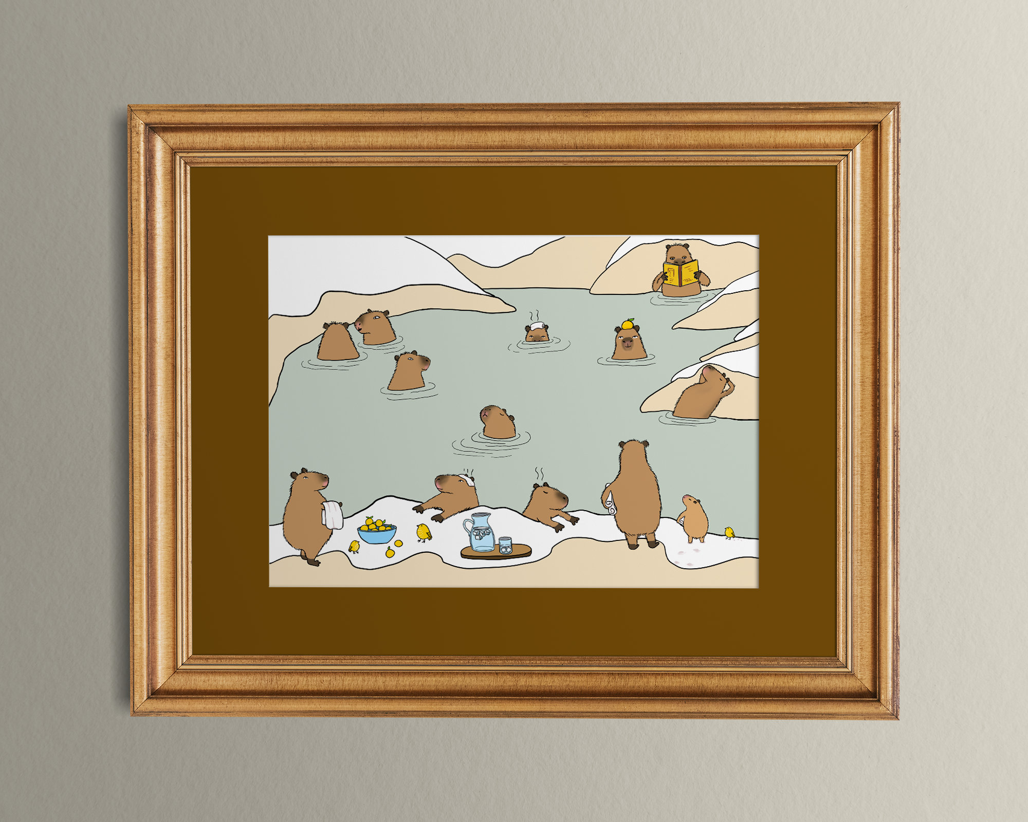 Cute Capybara Hot Springs Mini Matted Print, Self Care Sunday Capys ...