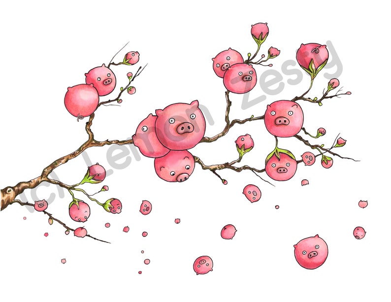 Pigs of Spring Cherry Blossoms Painting Cute Pink Piggy Wall | Etsy