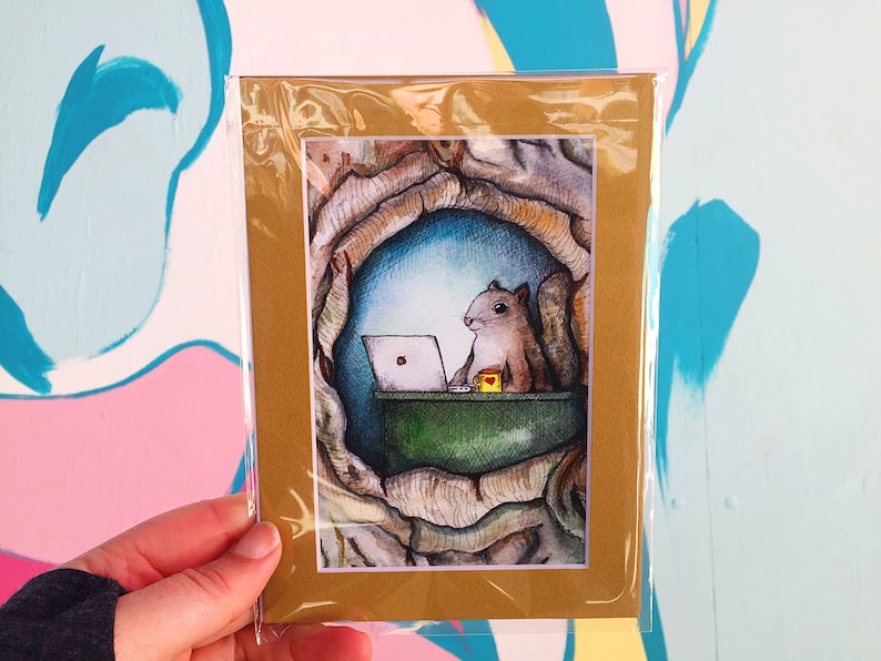 Cozy Squirrel With Computer Wall Art, Spreadsheet Squirrel, Cute ...