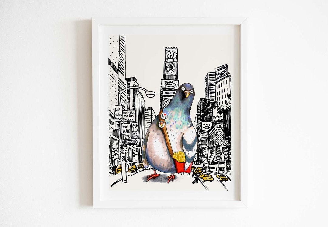 New York City Pigeon Print, Funny Pigeon With French Fries Wall Art ...