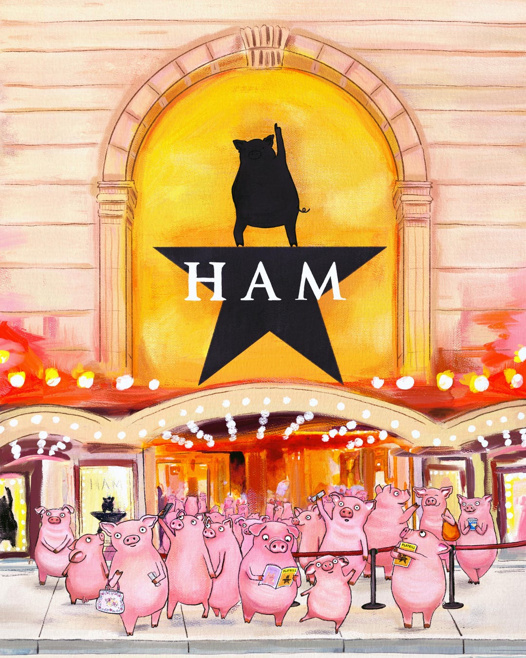 Hamilton Pigs on Broadway, Funny Broadway Art, Piggies Illustration ...
