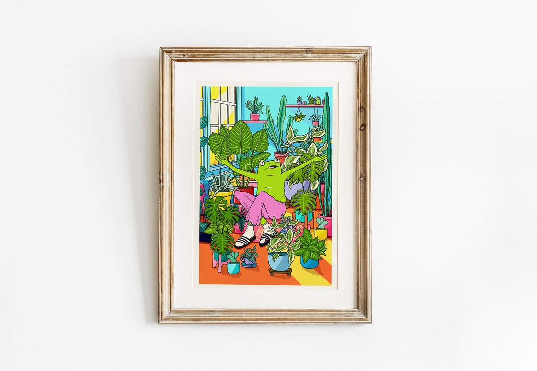 Happy Frog With Houseplants, Frogs in Soft Pants Series, Cozy Plant ...