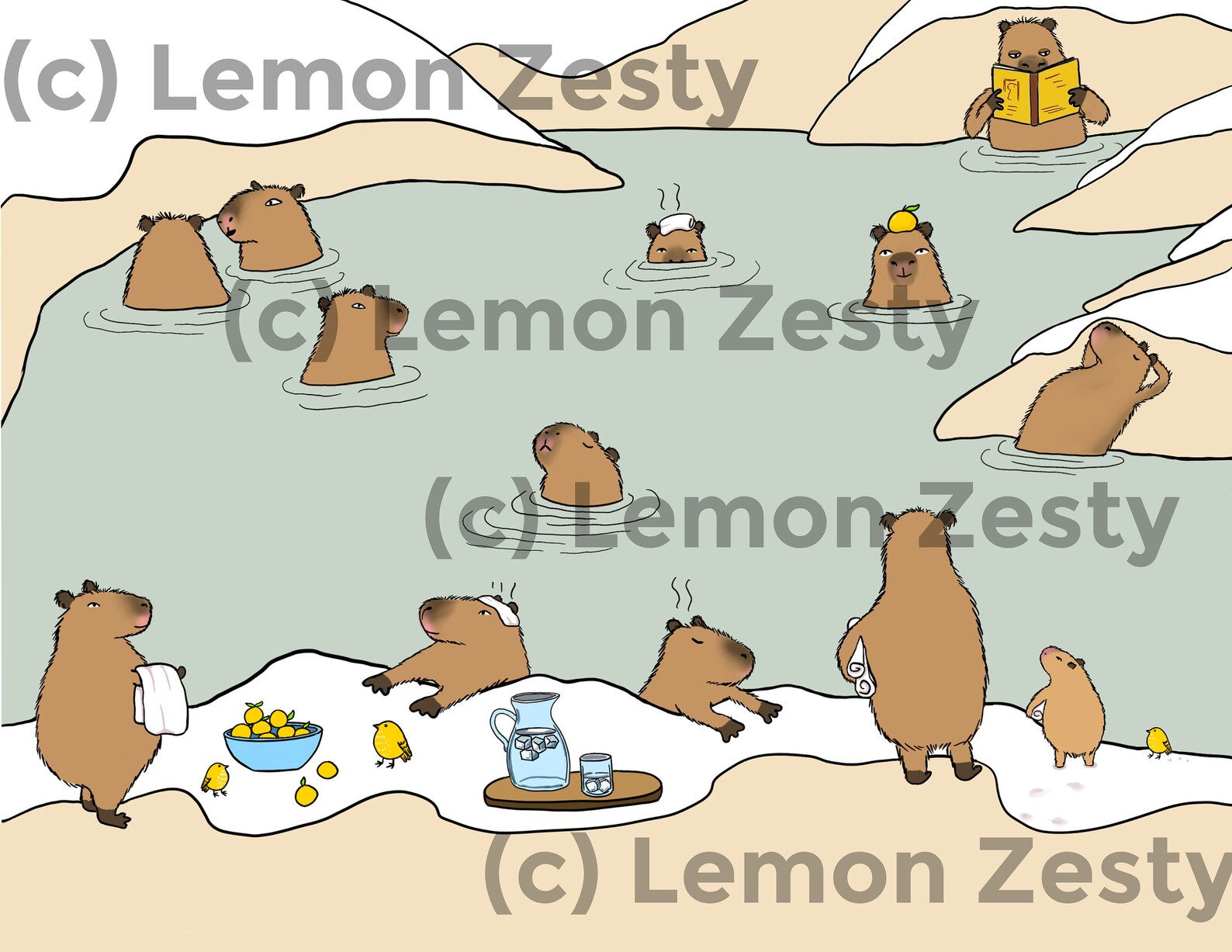 Cute Capybara Hot Springs Print Self Care Sunday Capys | Etsy