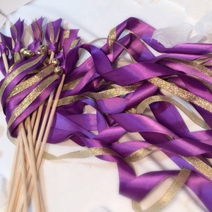 150 Wedding Ribbon Wands Purple and Gold Metallic Ribbon With Bells ...
