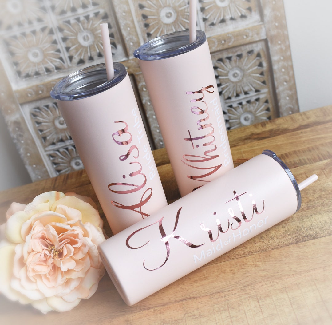 Personalized Bridesmaid Tumbler Custom Cups With Straws Insulated Blush ...