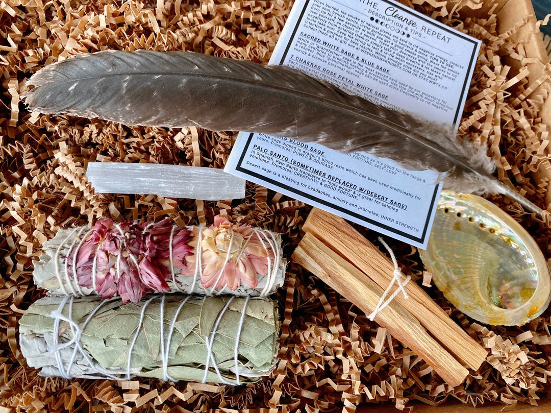 Beginner Smudge Kit Gift Box With Feather, Abalone Shell Dish, Gemstone ...