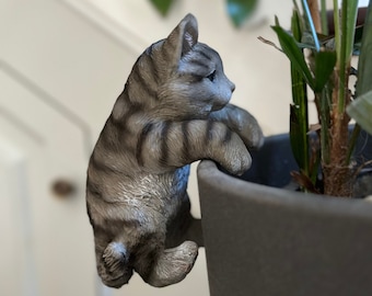 Cat Pot Sitter / Gray Tabby Cat / Flower Pot Sitter / Cat Pot Hugger ...